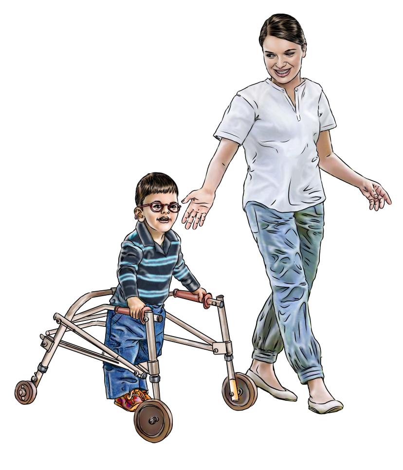 Disability - Young boy using a walker while he walks alongside his ...